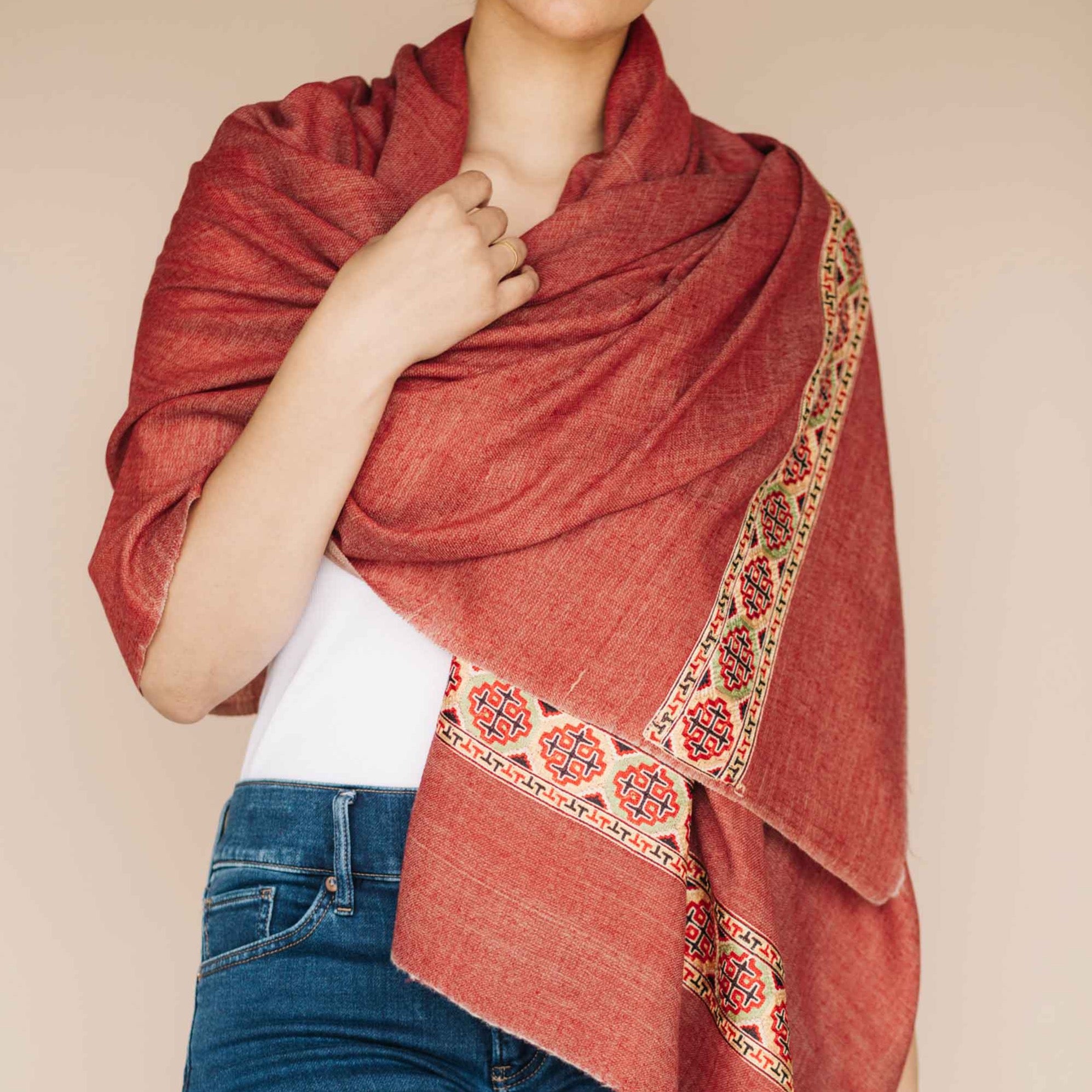 Embrace Bordered Red Wool Shawl Wrap - Prayer & Meditation Shawl